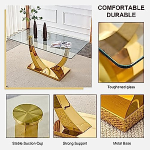 Wlvos 62.8" Rectangular Glass Dining Table for 4-6 with 0.39" Tempered Glass and Golden Chrome Metal Special-Shaped Bracket, for Kitchen Dining Living Meeting Room Banquet Hall (Golden)