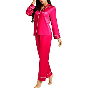 Womens Silk Satin Pajamas Set Sleepwear Loungewear Red 2XL