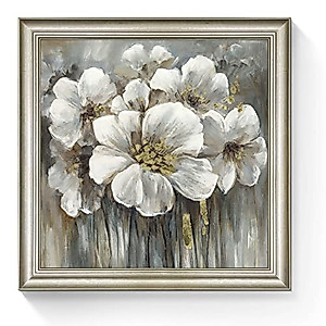 Flower Framed Abstract Wall Art: Bedroom White Lily Canvas Painting Modern Blossom Floral Artwork with Golden Foil Elegant Nature Picture Large Botanical Prints for Bathroom Office Living Room