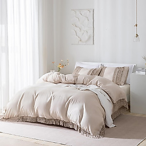 Boho Bedding Beige Cream King Duvet Cover Set Bohemian Tassel Macrame Bedding Rustic Farmhouse Room Decor Shabby Chic Beige Duvet Cover Set with 2 Boho Pillow Cover