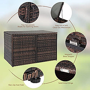 Outvita Outdoor Storage Box, 88GAL Waterprrof Rattan Patio Deck Storage Container with Double Doors and Flip Cover for Backyard, Balcony, Poolside, Garden Brown