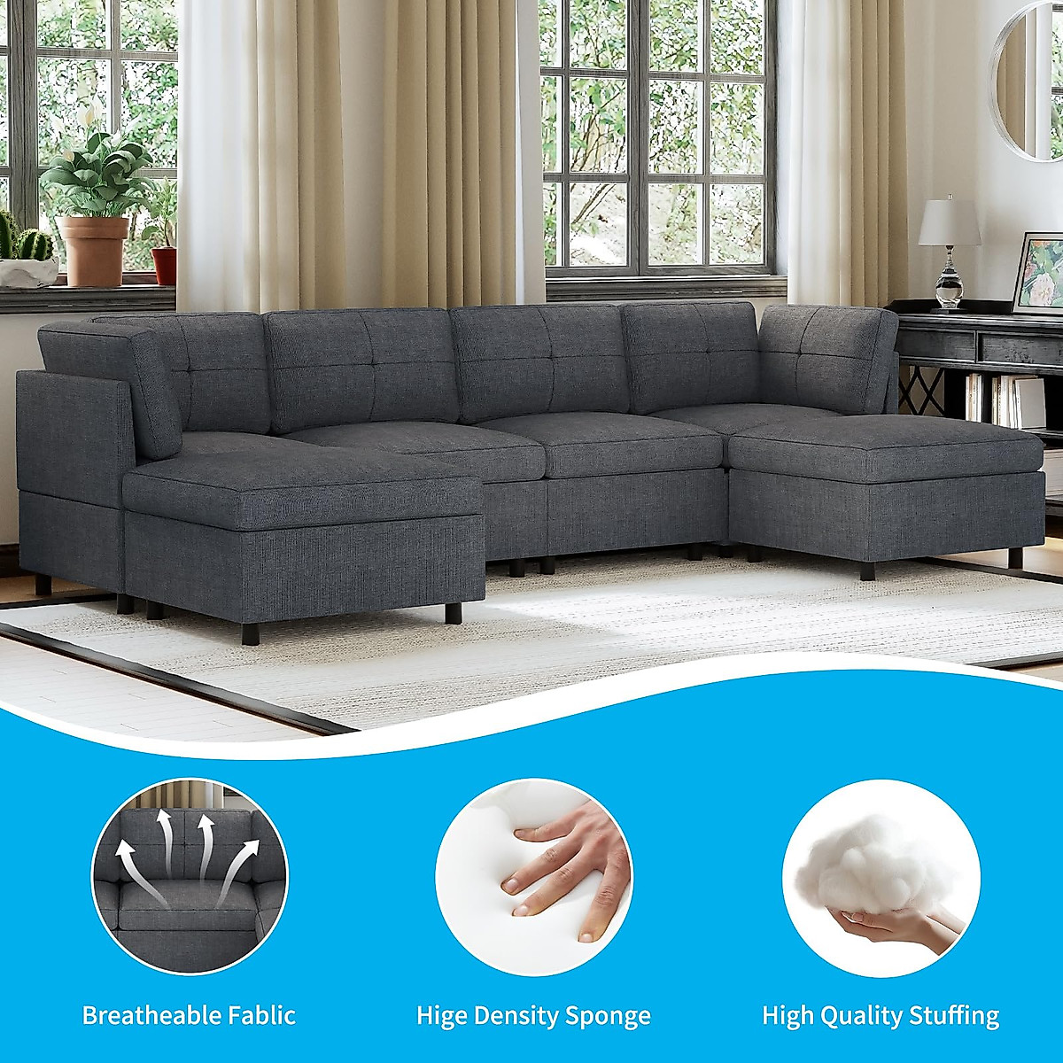 Mjkone Convertible Sofa Couch, Modern U Shaped Sofa with Tufted Back Cushion, 6 Seat Oversized Sectionals Sofa Couch with Ottomans for Living Room/Apartment/Office (Beige)