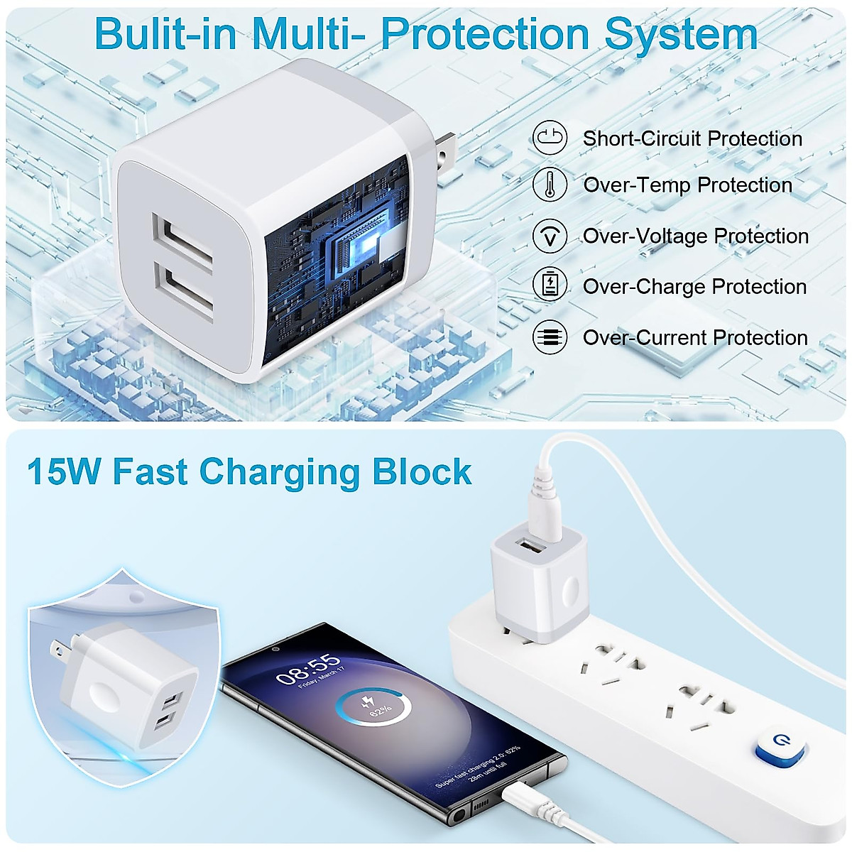 USB Wall Charger,Charging Block,5Pack 2.1A Quick Dual Port Plug Charger Box Cubes for iPhone 16 15 14 13 12 11 Pro Max XR 8 7 6 Plus,Samsung Galaxy S24 S23 S23+ S22 S21 Ultra S10 S20 Plus A14 A15 A33