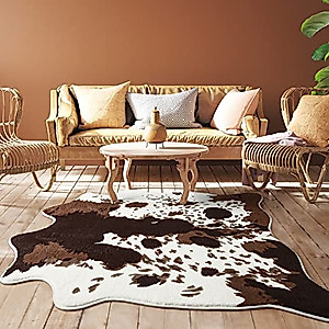 Kimicole Cute Cow Print Rug Faux Cowhide Rug, Upgraded Fluffy Animal Printed Area Rug for Living Room Bedroom Office Western Decor, Luxury Animal Print Carpet Non-Slip, Brown and White, 4.6ft x 5.2ft