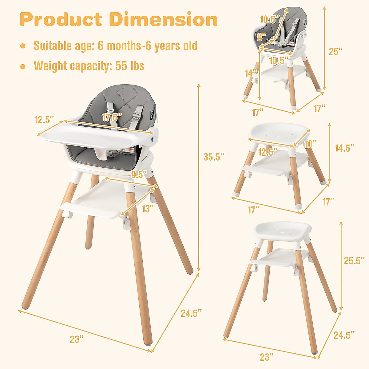 BABY JOY Baby High Chair, 6 in 1 Convertible Wooden High Chair for Babies & Toddlers with Adjustable Legs, Double Removable Tray, Safety Harness & Waterproof PU Cushion (White)