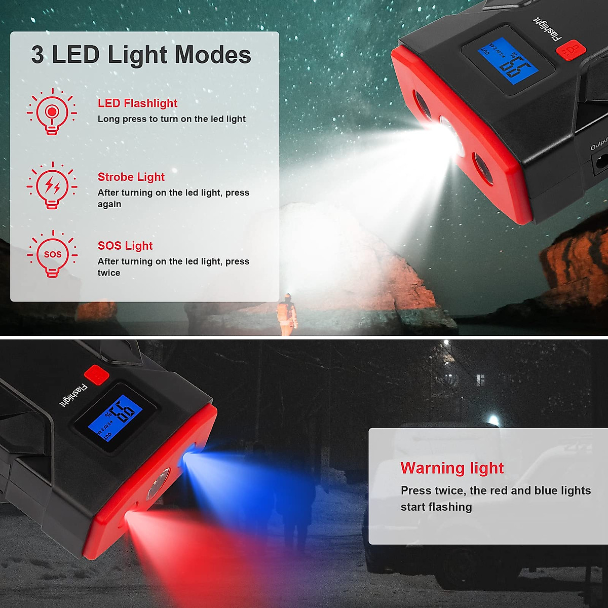 Car Jump Starter, Portable Car Battery Charger Jump Starter, 1000A 27000mAh for up to 6-Liter Gasoline and 3-Liter Diesel Engines with Smart Charging Port, Compass and LED Light