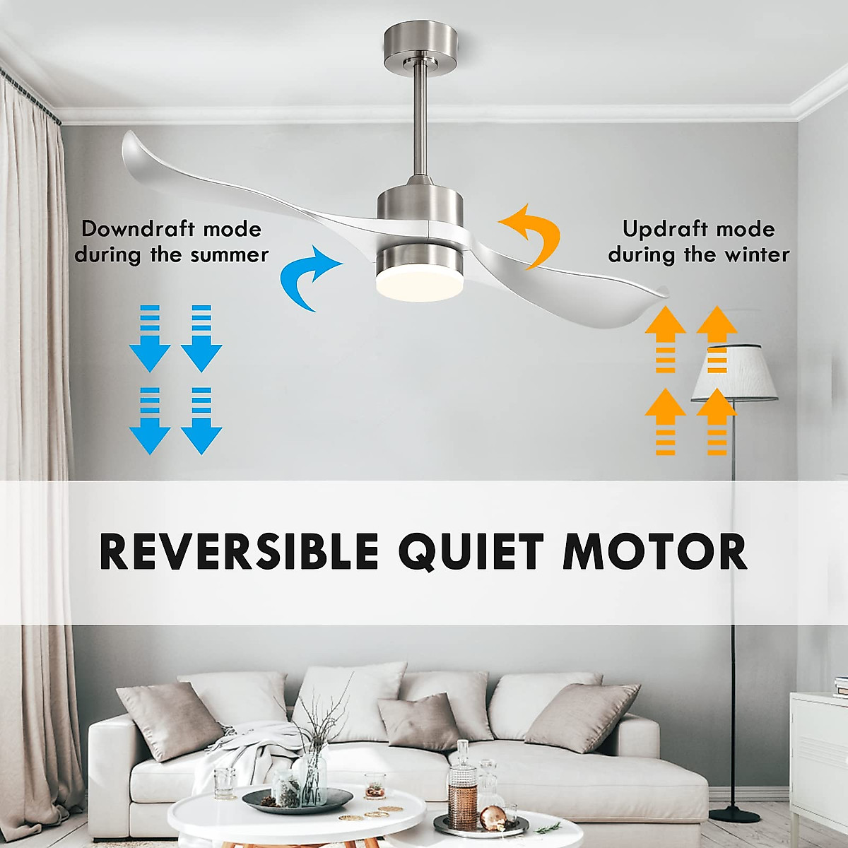 WINGBO 52" DC Ceiling Fan with Lights and Remote, Brushed Nickel and Silver Ceiling Fan, 2 Curved ABS Plastic Blades, 6-Speed DC Motor, Modern Ceiling Fan for Kitchen Bedroom Living Room, ETL Listed