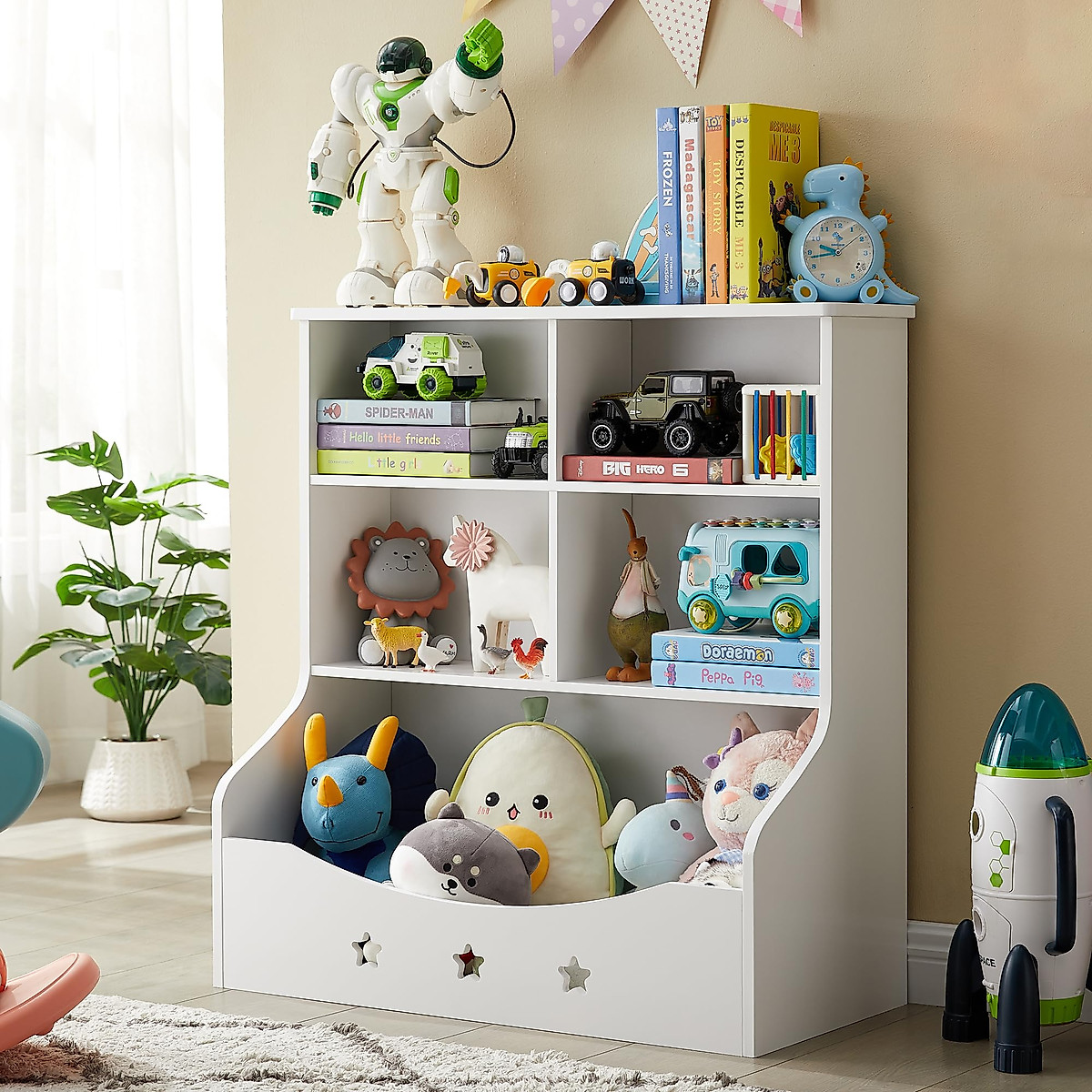 TOYMATE Kids Toy Storage Organizer, Children Multi-Functional Bookcase and Bookshelf, Toddler 5 Cubby Toy Storage Cabinet, Toy Shelf for Playroom, Bedroom, Living Room, Nursery, School (White)