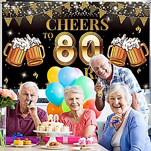 80th Birthday Decorations Banner for Men Women, Cheers To 80 Years Birthday Party Sign, 80 Years Old Birthday Backdrop, Black Gold 80th Anniversary Photo Props for Outdoor Indoor, Large, Vicycaty