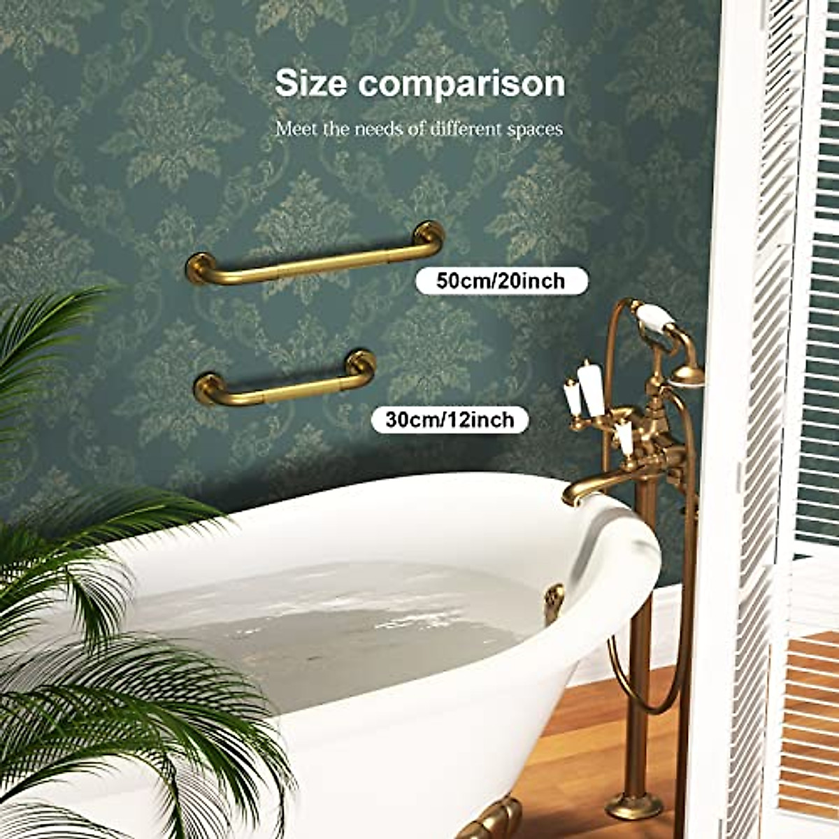 20 Inch Anti Slip Bronze Shower Grab Bar Polished Gold,ZUEXT Antique Brass Bathroom Grab Bar, Knurled Bathroom Balance Bar, Safety Hand Rail Support Handicap Elderly Injury Senior Assist Bath Handle
