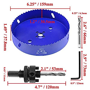 Seimneire 6-1/4 Inch Hole Saw with Heavy Duty Arbor, 1.2 Inch Cutting Depth HSS Bi-Metal Hole Drilling Cutter for Smoothly Cutting in Wood Cornhole Boards Plastic Drywall & Thin Metal