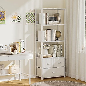 Furnulem White Bookshelf 4 Tier Wood Bookcase with 3 Fabric Drawers, 59" Tall Display Standing Shelf Unit for Living Room,Bedroom,Office,Kitchen,Balcony(White)