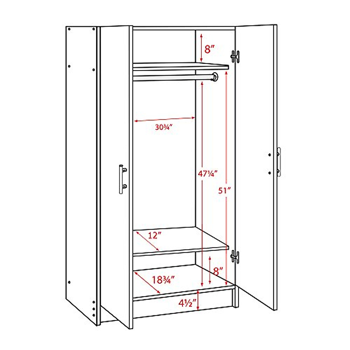 Prepac Elite 2 Door Wardrobe Cabinet, 32" W x 65" H x 20" D, White