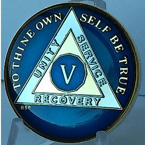 5 Year Midnight Blue AA Alcoholics Anonymous Medallion Chip Tri Plate Gold & Nickel Plated Serenity Prayer