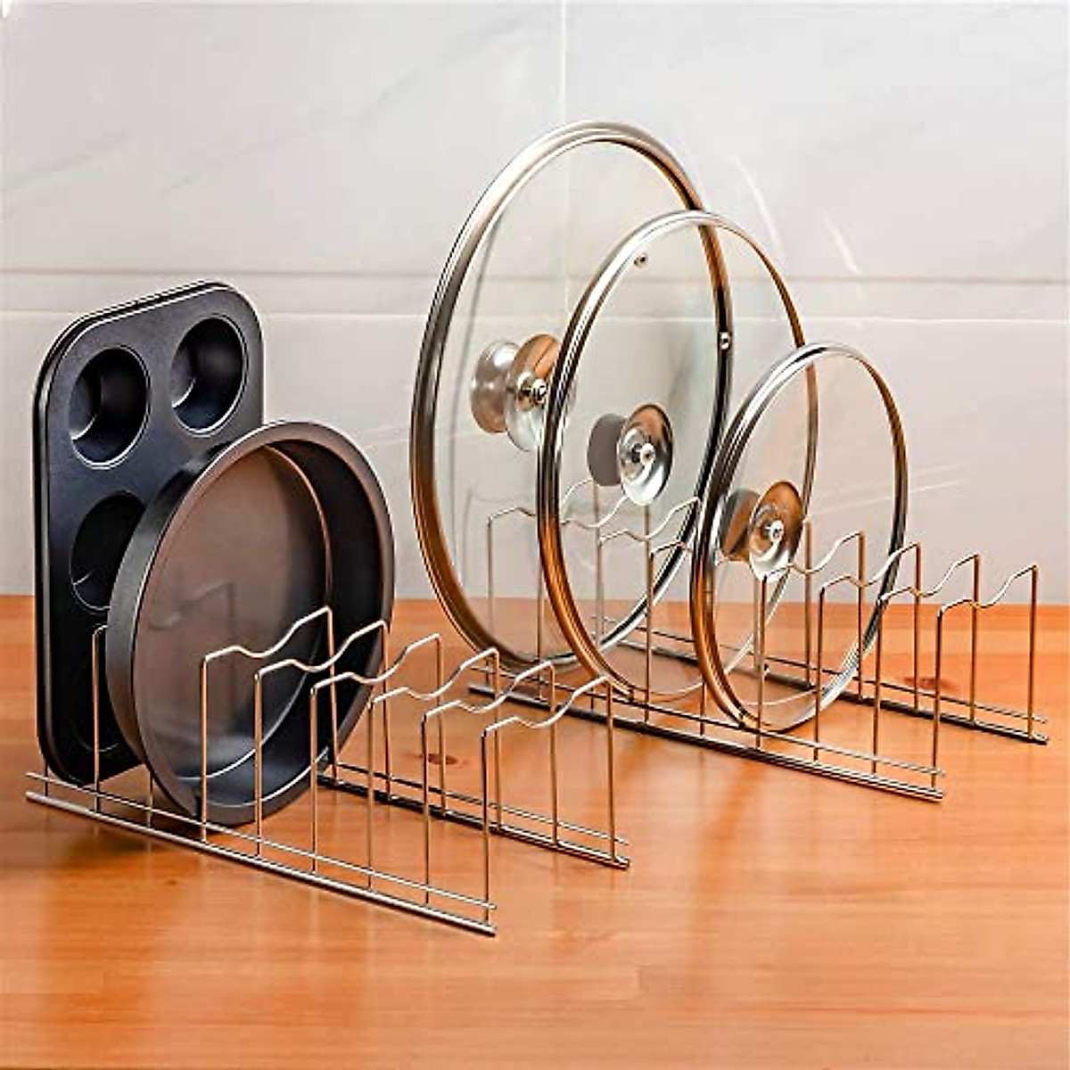 SANNO Pot Lid Holder Organizer, Rack Holder Rest Storage, for Pot Lids, Plates, Cutting Boards, Bakeware, Cooling Rack, Serving Trays, Total 8 Compartments, Stainless Steel