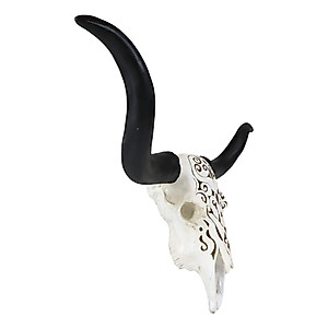 Ebros 27.5" Wide Southwest Rustic Off White Steer Bison Buffalo Bull Cow Horned Skull Head With Scroll Lace Filigree Design Hanging Wall Mount Decor Native Animal Totem Bust Skulls Western Accent