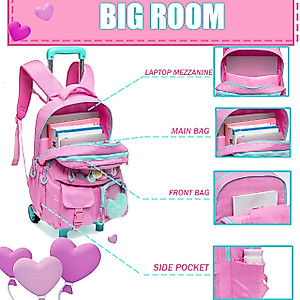 ZBAOGTW Rolling Backpack for Girls Kids Backpack with Wheels Backpacks for Elementary with Lunch Box Pencil Case Trolley Luggage