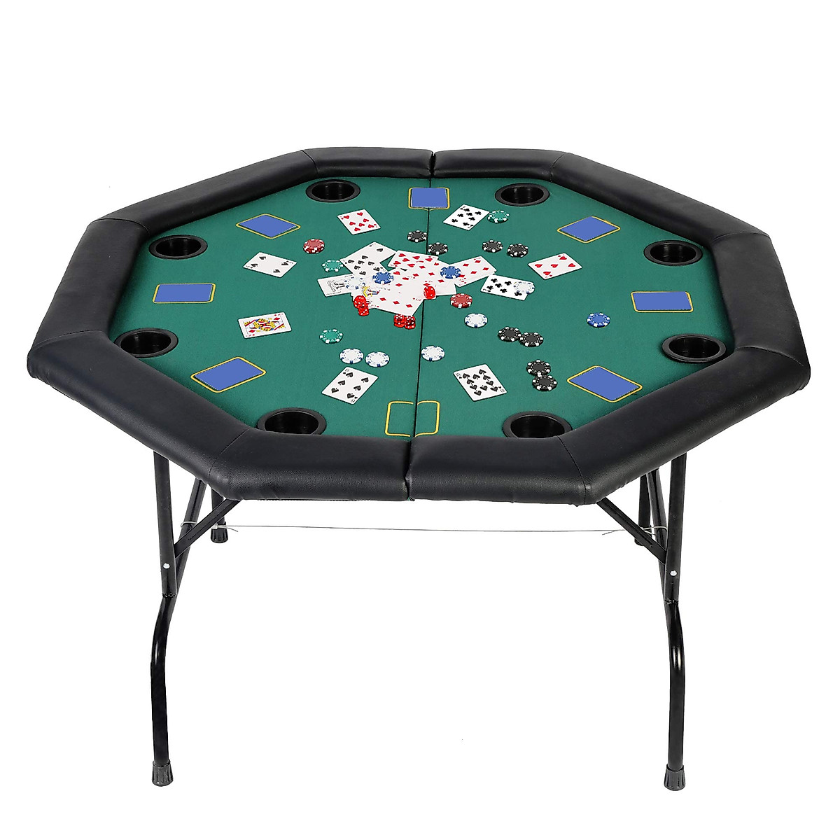 KARMAS PRODUCT Poker Table Folding Texas Holdem Casino Leisure Game Octagonal Table with Cup Holder 8 Player -Green