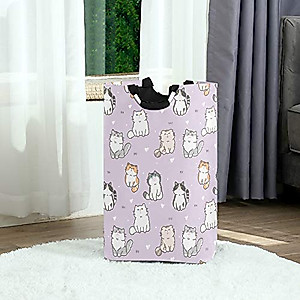 Qilmy Purple Cat Laundry Basket Collapsible Large Clothes Hamper Nursery Storage Bin with Handle for Bedroom, Bathroom, Dorm, Kids Room