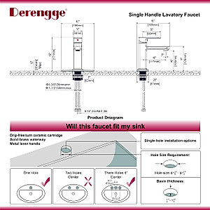 Derengge Bathroom Sink Faucet, Single Handle Bathroom Sink Faucet,1 Hole or 3 Hole Lavatory Vanity Faucet with Deck Plate,Pop up Drain and Water Supply Lines,Matte Black,GFL-0048-MT