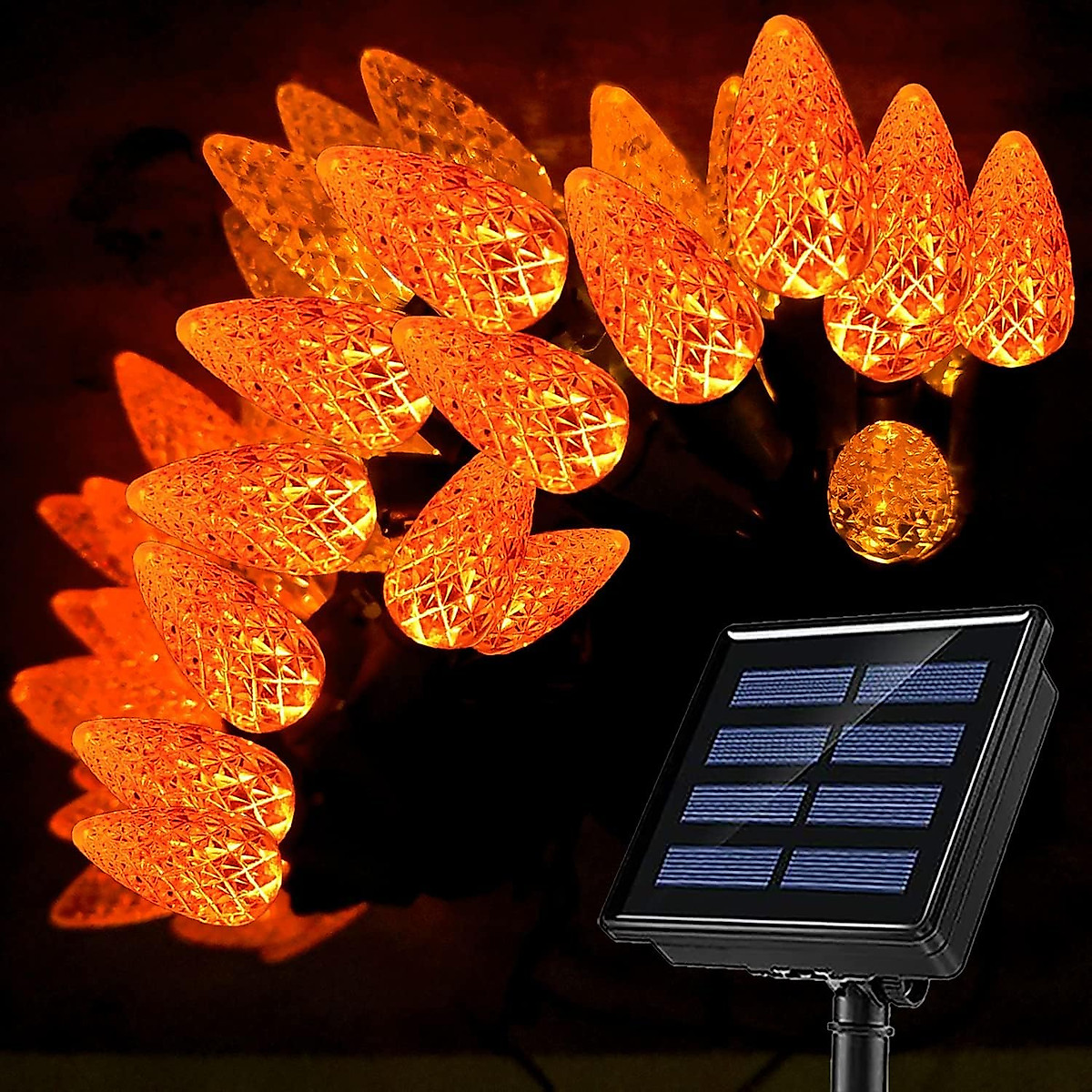HUGSVIK 100 LED C6 Solar Orange Halloween Lights, 8 Modes Orange Christmas Lights for Outdoor, Waterproof Solar Orange Lights for Halloween, Christmas Tree Thanksgiving, Fall Garden Yard and Patio