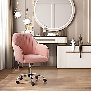 Yaheetech Velvet Office Desk Chair Height Adjustable Task Chairs Modern Office Chair Makeup Chair 360° Swivel Computer Chair Mid Back Chair Living Room Chairs with Arms&Stainless Base Accent Pink