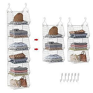 X-cosrack 6 Tier Closet Hanging Organizer, Clothes Hanging Shelves with 4 Hanging Hooks 5 S Hooks, Wire Storage Basket Bins, for Clothing Sweaters Shoes Handbags Clutches Accessories Patent Design