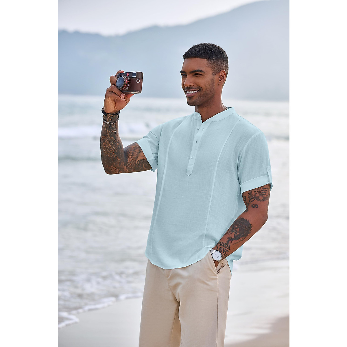 COOFANDY Men's Casual Beach T-Shirts Short Sleeve Henley Pullover Linen Button Down Shirts Fashion Summer Tops Clothing Blue