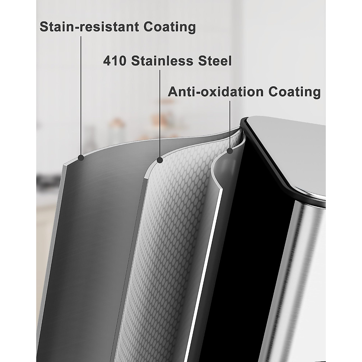 Garvee Trash Can, 15 Gallon Triple Compartment Stainless Steel Kitchen Trash Can for Recycling, 5+5+5 Gallon Plastic Inner Buckets and Quiet Close, Brushed, Airtight, Silver