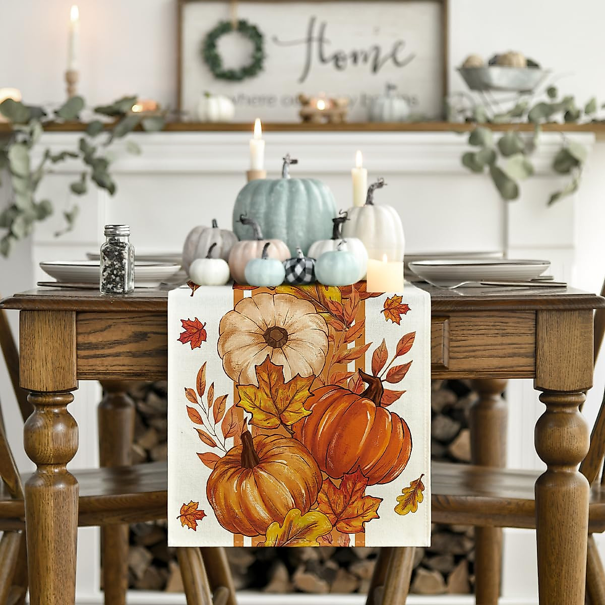 Artoid Mode Orange Pumpkin Maple Leaf Stripes Fall Table Runner, Seasonal Autumn Kitchen Dining Table Decoration for Home Party Decor 13x72 Inch