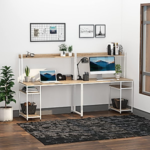 HOMCOM 94.5in Industrial Double Computer Desk with Hutch and Storage Shelves, Extra Long Two Person Home Office Desk, Writing Table Workstation for 2 People with CPU Stand, Oak Wood Grain