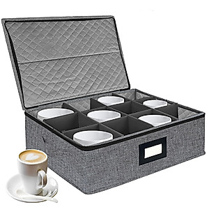 VERONLY Quilted Cup and Mug Storage Box, China Storage Containers with Zipper Lid and Handles, Holds 12 Coffee Mugs and Tea Cups, Hard Shell and Stackable for Dinnerware Storage, Transport (Dark Grey)