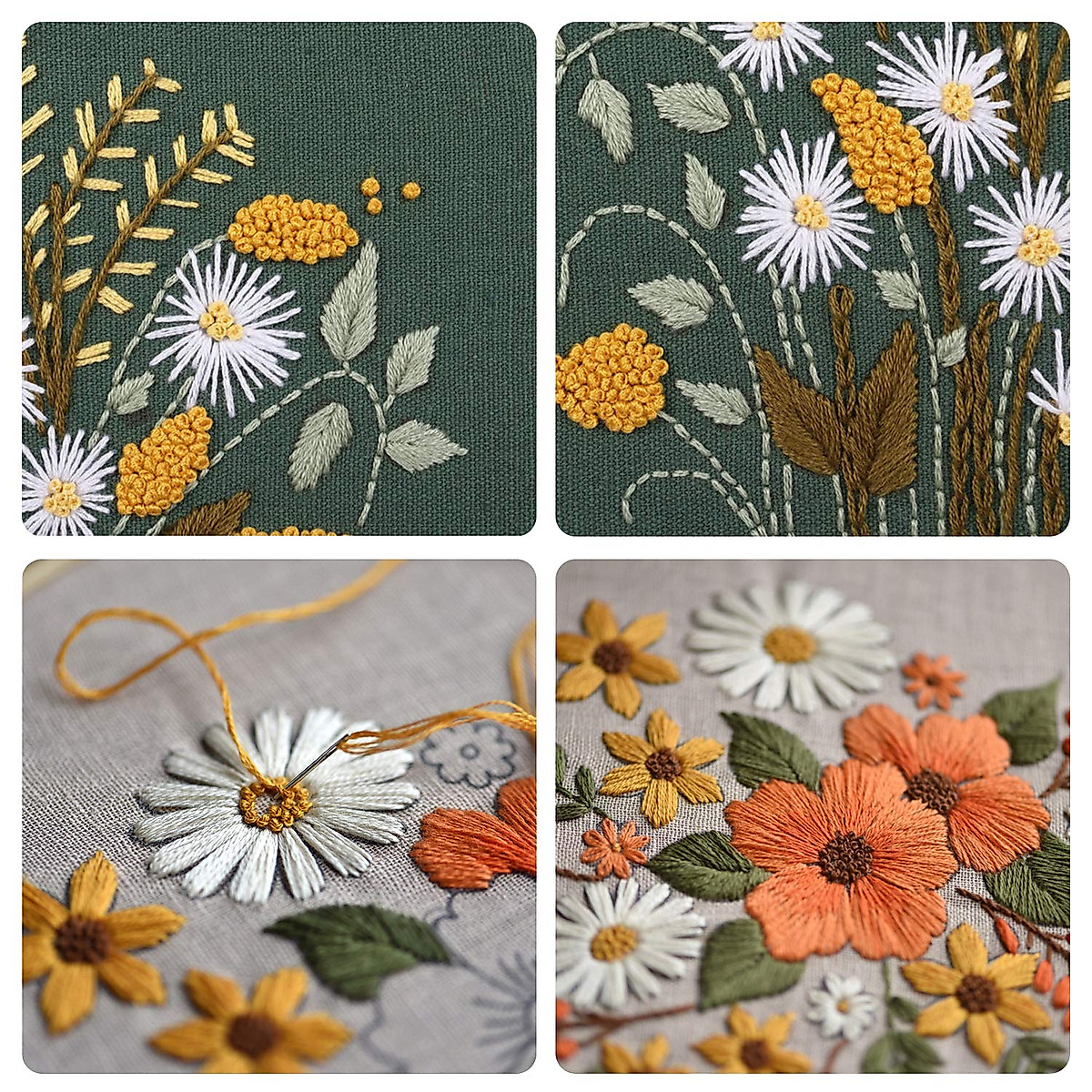 FEPITO 2 Sets Full Range Embroidery Starter Kit with Pattern and Instructions Cross Stitch Kit Includes 2 Pcs Embroidery Clothes with Floral Pattern, 1 Pcs Plastic Embroidery Hoops, 1 Pcs Scissor