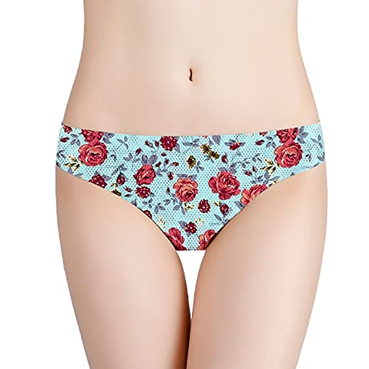 5 pack floral print panties for women low waist silky briefs teen girls invisible comfy panty lovely graphic lingerie Light Blue