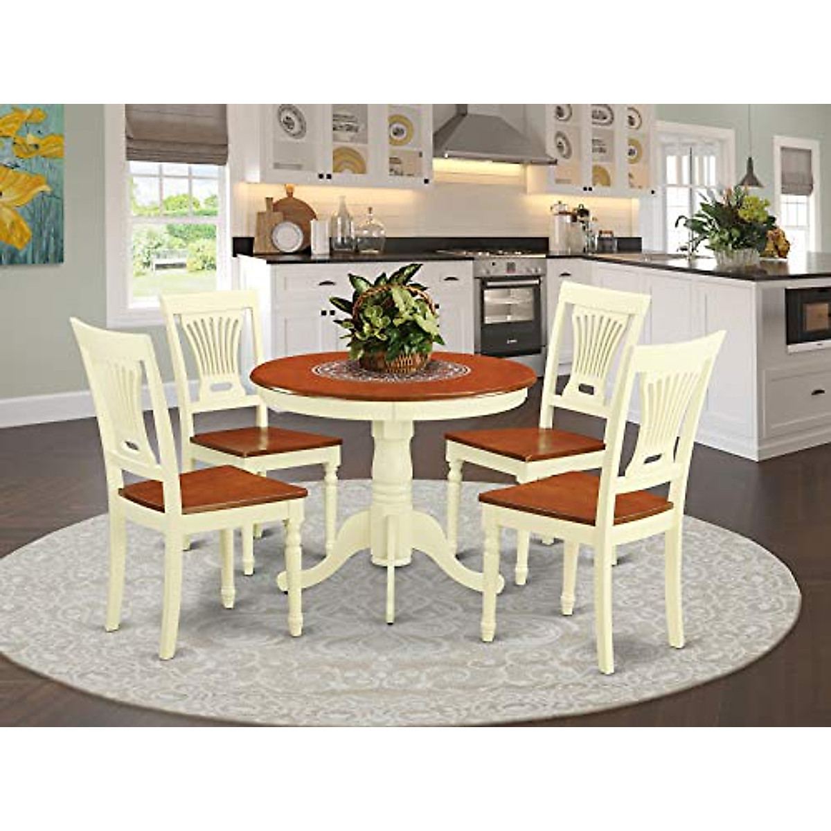 East West Furniture ANPL5-WHI-W 5 Piece Dinette Set for 4 Includes a Round Kitchen Table with Pedestal and 4 Kitchen Dining Chairs, 36x36 Inch, Buttermilk & Cherry