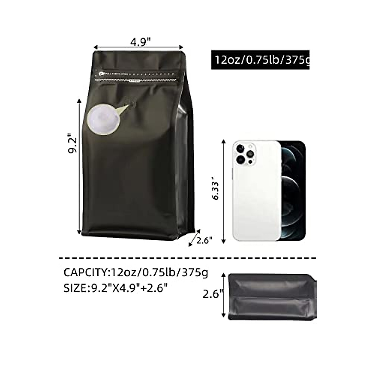 DMPACKDM Coffee Bags with Valve(12 oz,3/4 lb,50pcs) Black High Barrier Aluminumed Foil Flat Bottom Heat Sealed Coffee Beans Packaging Bags Side Zipper Resealable Bags for Home or Business