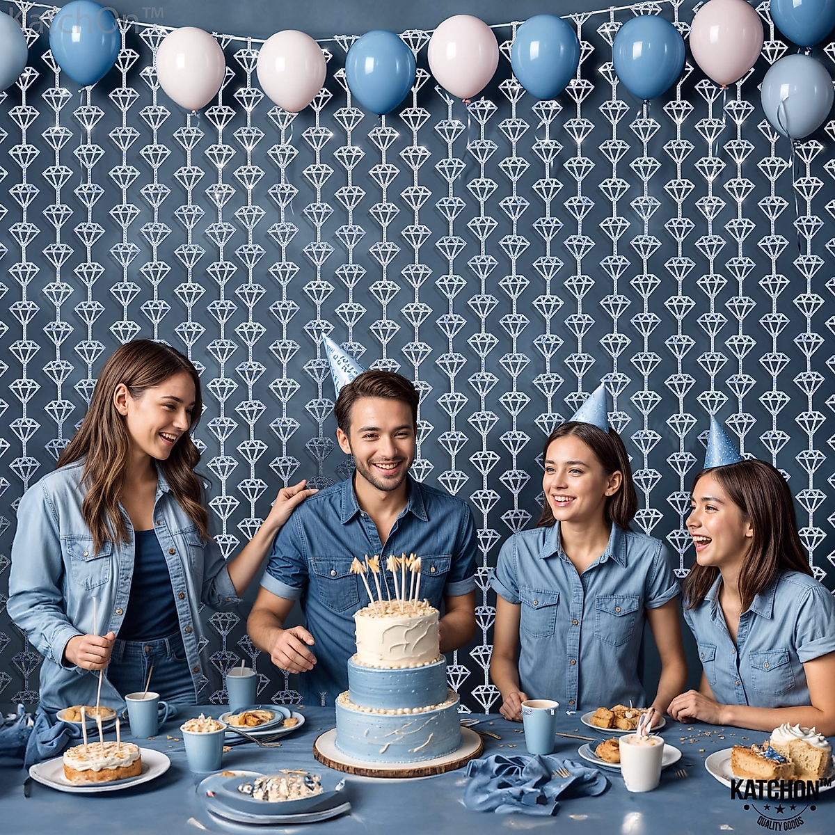 KatchOn, Holographic Silver Foil Diamond Curtains - 3.4x6.5 Feet, Pack of 2 | Diamond Backdrop Curtain | Silver Diamond Garland, Denim and Diamonds Party Decorations | Bachelorette Party Decorations