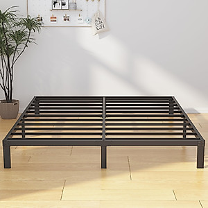 EMODA Queen Bed Frame No Box Spring Needed 6 Inch Heavy Duty Metal Platform BedFrame Queen Size with Steel Slats, Easy Assembly, Black