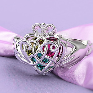 Soosi Claddagh Rings for Women, Personalized Mothers Rings with 1 2 3 Birthstones, Custom Mother Daughter Rings, Birthstone Rings for Women