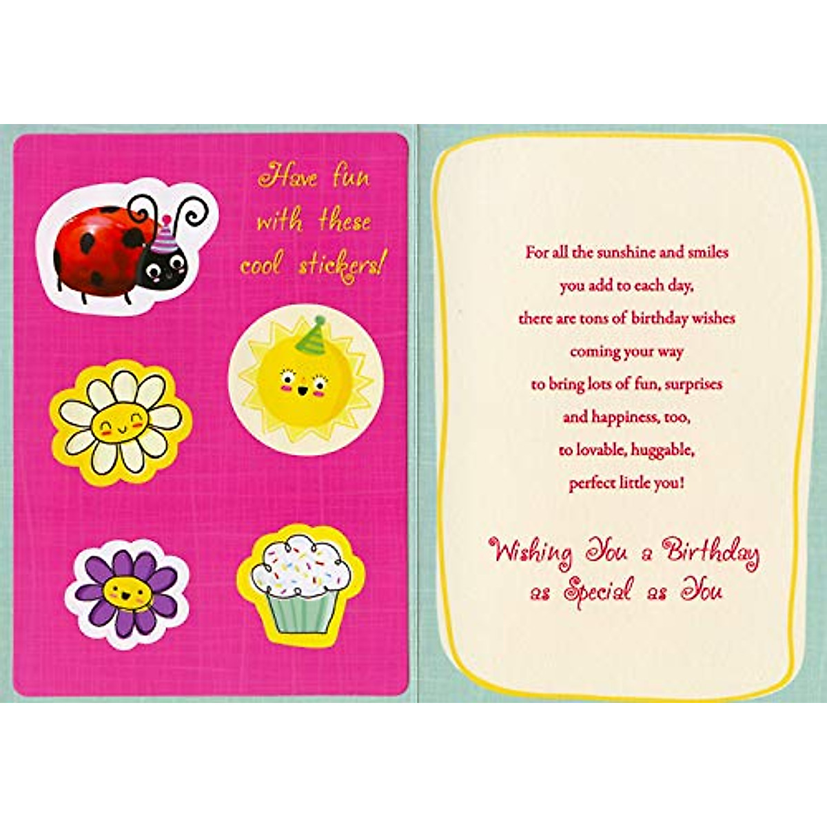Designer Greetings Ladybug Closeup and Smiling Flowers and Sun Juvenile : Kids Birthday Card and Stickers for Young Niece