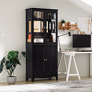 ARTPOWER 72" Freestanding Kitchen Pantry Storage Sideboard, Classical Tall Cabinet with Glass Door and Adjustable Shelves for Kitchen, Livingroom and Dining Room, Black