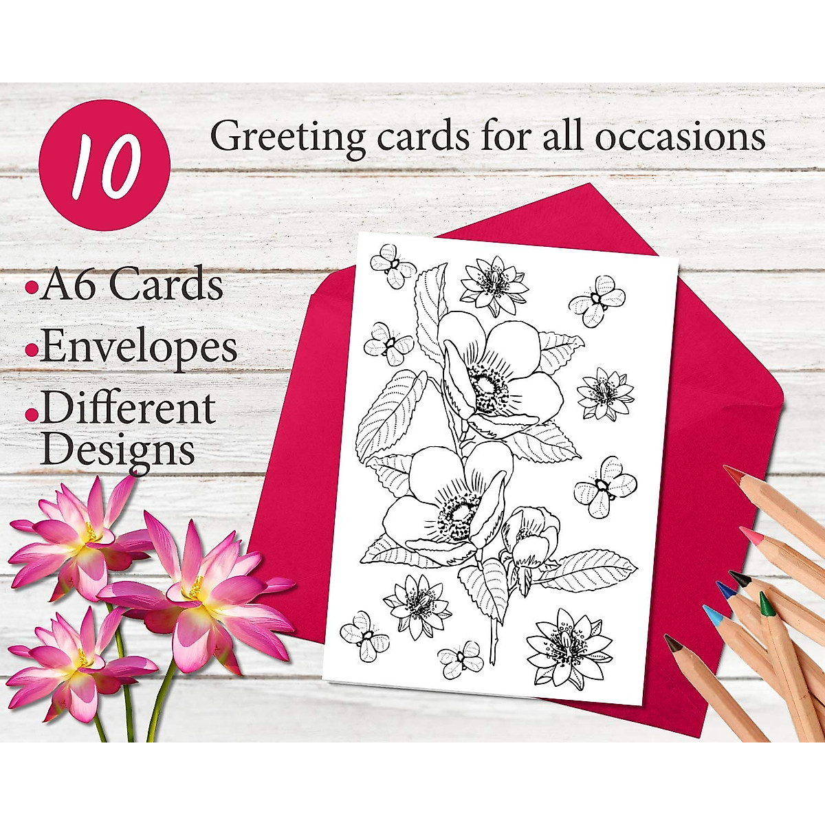 Art Eclect Adult Coloring Flower Greeting Cards for Birthdays, Anniversary, Thank You and Sympathy Cards (10 Cards and 10 Envelopes, Set Flowers B/Pink)