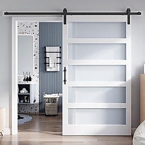 ROYMELO 48x84 Inch Glass Sliding Barn Door Slab and 8ft Hardware Kit Included, 5 Frosted Glass, LVL Wood Panel Covered with White Water-Proof Scratch-Proof PVC Surface, Simple DIY Assembly