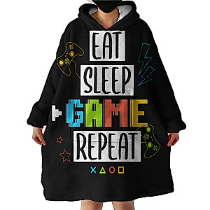 BlessLiving Gamepad Wearable Blanket Hoodie for Kids Boys, Kids 54" x 28", Teen Gaming Sherpa Oversized Hooded Blanket Hoodie Sweatshirt Blanket with Pockets, Black