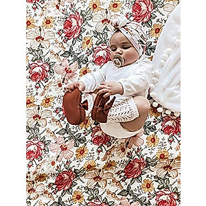 Bamboo Cotton Muslin Floral Swaddle Blankets Girl with Headband| Hospital Newborn Baby Receiving Blanket| Silky Soft Large 47’’X47’’| Newborn Baby Nursery Swaddle Wrap |Birth Announcement Card
