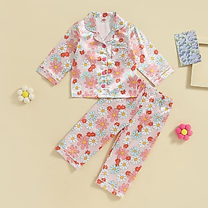 One opening 1-5T Toddler Baby Girls Silk Pajamas Set Floral Long Sleeve Button Down Shirt Tops Pants Toddler Boys Pjs Sleepwear (Daisy, 12-18 Months)