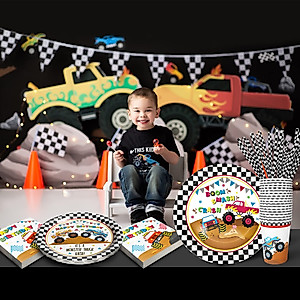 Monster Truck Party Supplies Decorations, Kids Birthday Paper Plates and Napkins Set with Cups and Straws for 24 Guests, 120 Pcs Disposable Party Dessert Dinnerwares