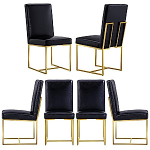 AZhome 7-Piece Dining Set, Gold Dining Room Table Set for 6, Black Leather Dining Chairs with Polished Stainless Steel Sled Base for Kitchen, Dining Room