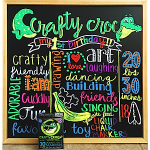 Crafty Croc Liquid Chalk Markers, 10 Pack of Neon Chalk Pens, for Nonporous Chalkboards, Bistro Boards, Glass and Windows