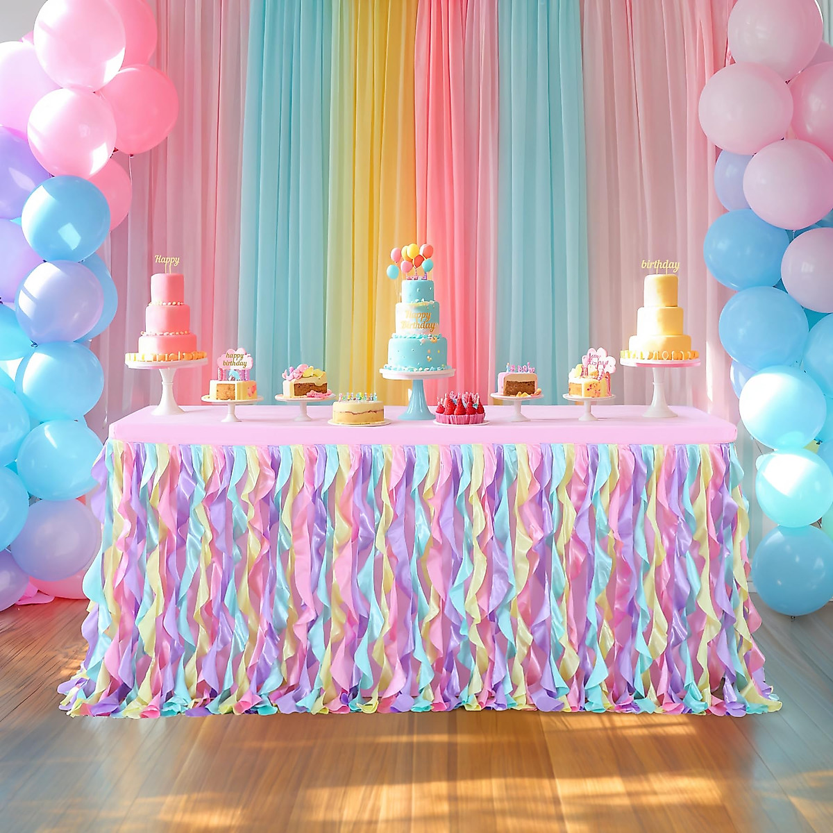 gogoparti Pastel Rainbow Tablecloth for 6 ft Rectangle Table Pastel Rainbow Ruffle Tulle Table Skirt for Unicorn Theme Birthday Party Decoration
